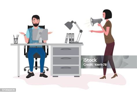 컴퓨터 책상에 사무실 의자에 앉아 모니터를 보고 혼란 스러운 남자 성난 지도자는 메가폰을 통해 부주의한 직원을 꾸짖는다 벡터 그림입니다 가구에 대한 스톡 벡터 아트 및 기타