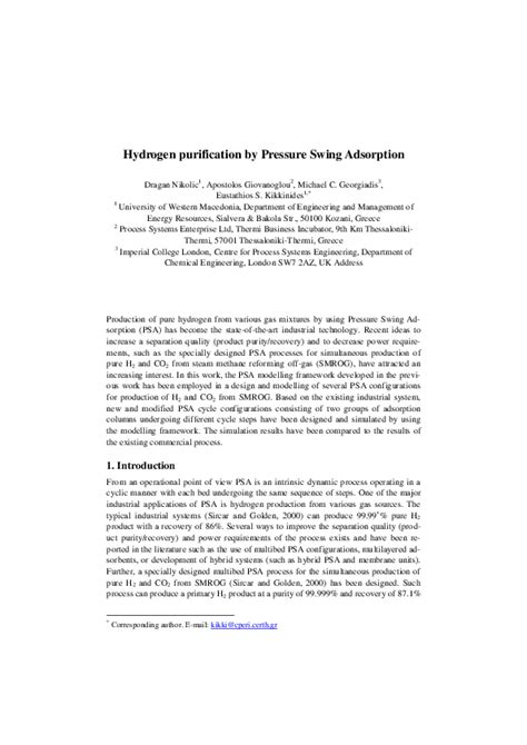 Pdf Purification Of Hydrogen By Pressure Swing Adsorption