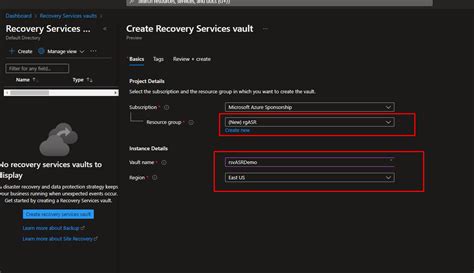 creating a new recovery service vault