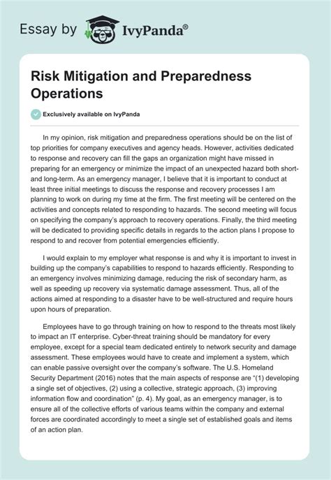 Risk Mitigation And Preparedness Operations 828 Words Essay Example