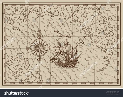 Pirate Treasure Map Old Ship Compass Stock Vector Royalty Free
