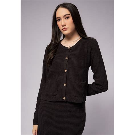 Jual Executive Tweed Knit Cardigan With Pocket Black Shopee Indonesia
