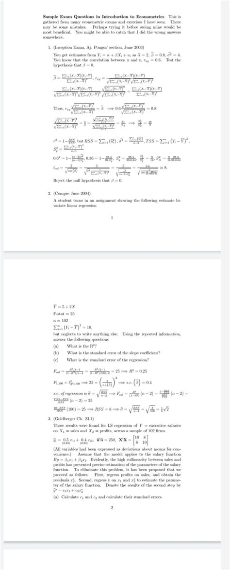 Sample Exam Questions In Introduction To Econometrics Chegg