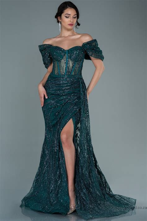 17529987 Emerald Green Off Shoulder Sheer Corset Slit Dress Embroidered