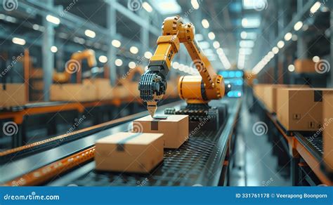 A Robotic Arm Moves Along A Conveyor Belt Picking Up And Sorting
