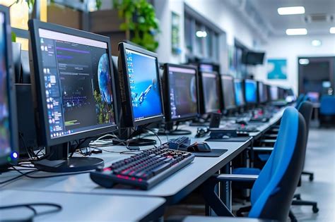 Organized Computer Lab With Neat Rows Of Computers And Ergonomic Chairs
