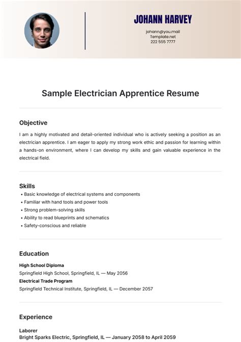 Free Sample Electrician Apprentice Resume Template To Edit Online