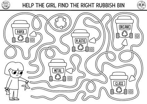 쓰레기를 분류하는 소녀와 아이들을 위한 생태 흑백 미로 지구의 날 유치원 활동 환경 인식 미로 색칠하기 자연 보호 인쇄 가능한 워크시트xa 프리미엄 벡터