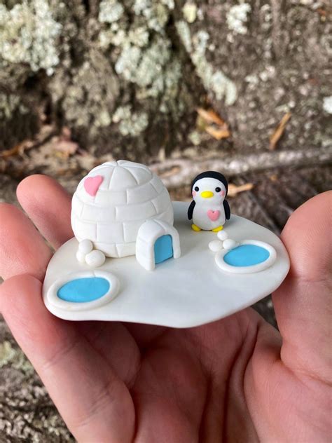 Mini Igloo And Penguin Figurine Handmade With Polymer Clay Etsy