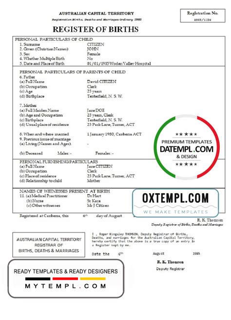 Australia Australian Capital Territory Birth Certificate Template In Word Format Version