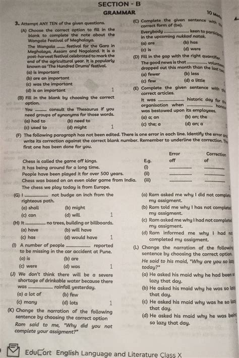 Section B Grammar 3 Attempt Any Ten Of The Given Questions Filo