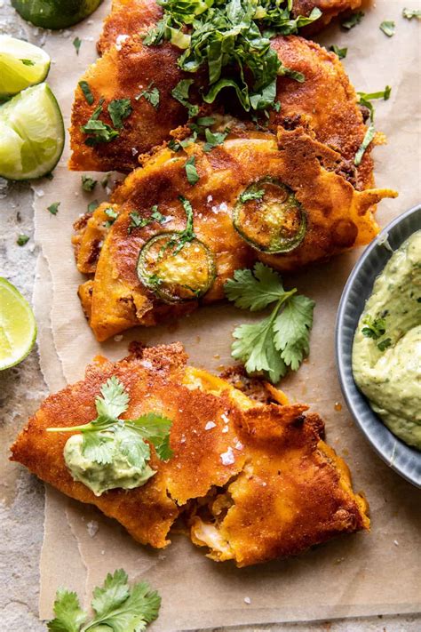 Crispy Cheese Chicken Tacos With Avocado Cilantro Sauce Half Baked