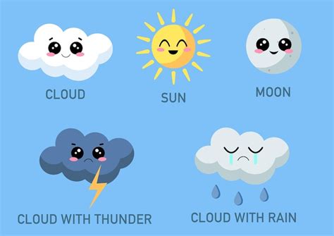 Premium Vector Weather Icons With Explanation Cute Sun Cloud Rain Thunderstorm