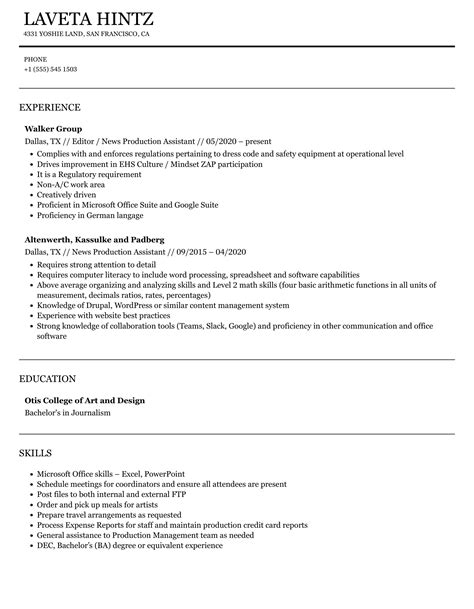News Production Assistant Resume Samples Velvet Jobs