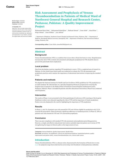 PDF Risk Assessment And Prophylaxis Of Venous Thromboembolism In