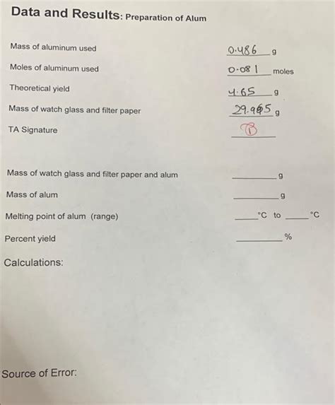 Solved Data And Results Preparation Of Alum Mass Of Chegg