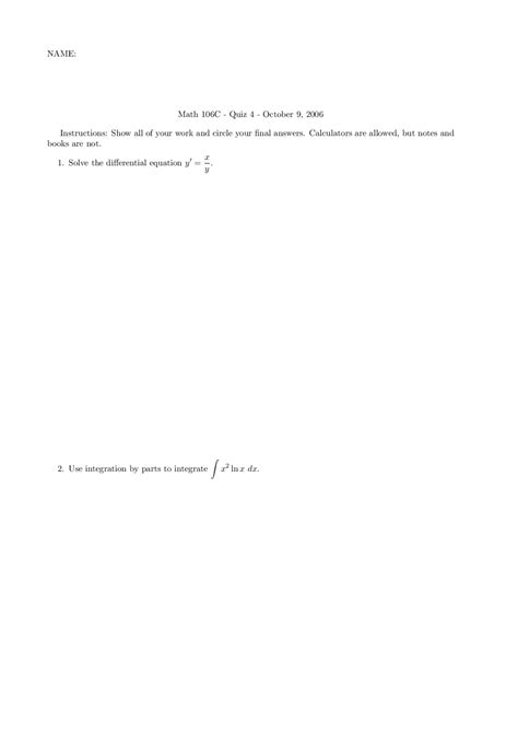 Integrate Calculus Quiz Docsity