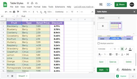 Table Styles Add On For Google Sheets