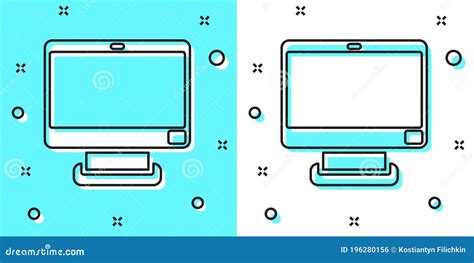 Black Line Computer Monitor Screen Icon Isolated On Green And White Background Electronic