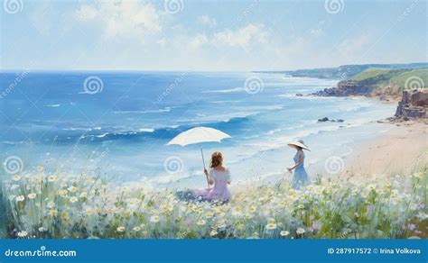Romantic Woman With Umbrella On Wild Beach At Sea Blue Sky And Green Sea On Horizon On