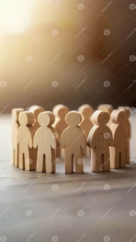 Wooden Figures Of People Standing In A Circle On A Table Symbolize Teamwork And Unity Stock