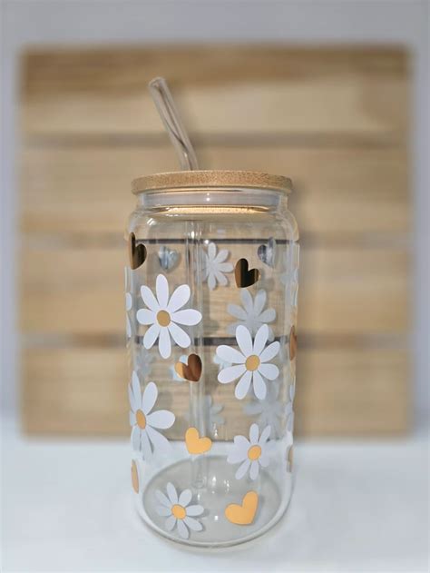 Daisy And Hearts Glass Cup White Daisies Gold Hearts Flower Floral