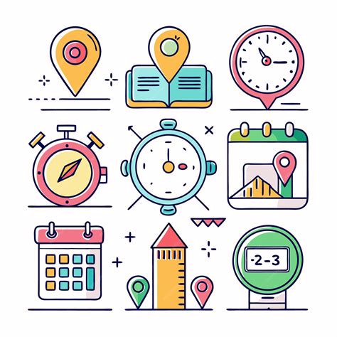 Set Of 9 Colorful Icons Of Map Pin Compass Clock Calendar Ruler And