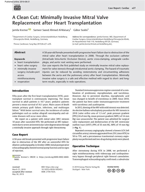Pdf A Clean Cut Minimally Invasive Mitral Valve Replacement After