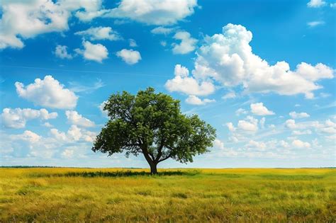 Oak Tree In A Field On A Background Of Blue Sky With Clouds Premium