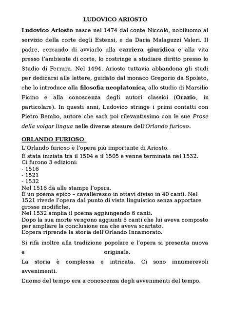Ludovico Ariosto Riassunto Docsity