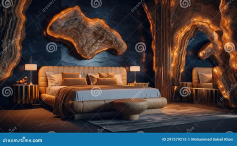 Modern Deluxe Bedroom Interior Dark Theme Background Stock Illustration