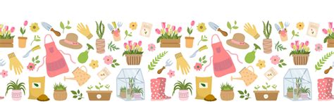 Seamless Border Horizontal Frame With Flowers And Gardening Tools