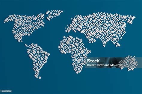 세계 3d 그림의 대륙의 실루엣의 형태로 많은 정제의 일반 파란색 배경에 흩어져의 배경 약에 대한 스톡 사진 및 기타 이미지 약 제약 산업 알약 Istock