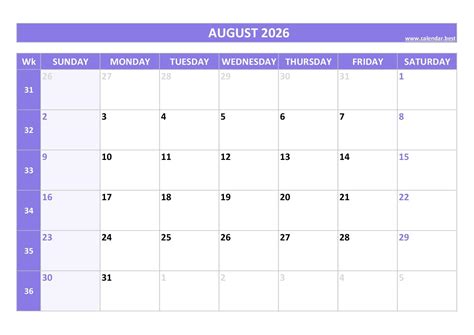 August 2026 Calendar Calendar Best
