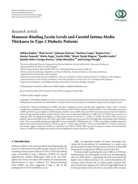 Pdf Mannose Binding Lectin Levels And Carotid Intima Media Thickness In Type 2 Diabetic Patients