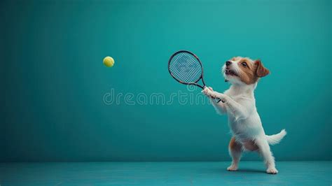 Parson Russell Terrier Plays Tennis In A Dynamic Smash Pose Against A