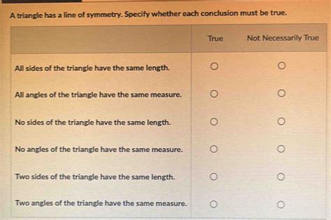 solved a triangle has a line of symmetry specify whether each