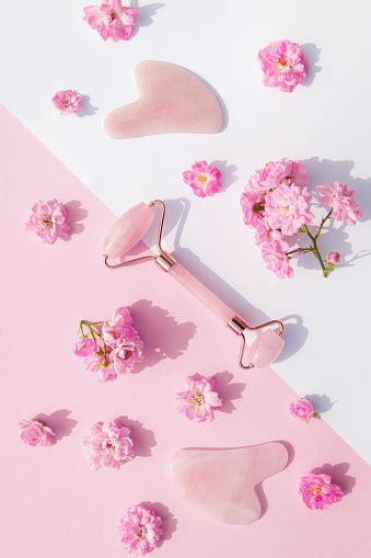 홈 스파용 페이셜 마사지 키트 로즈 버드가 있는 흰색과 분홍색 파스텔 배경에 장미 석영으로 만든 페이스 롤러와 구아 샤 마사지 자연 치료 개념 개념에 대한 스톡 사진 및
