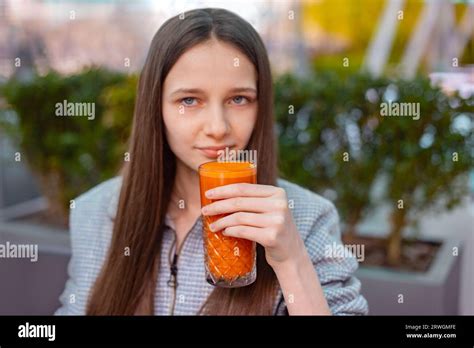 Teen Girl Drink Multivitamin Fruit Juice Fresh Carrot And Apple Juice