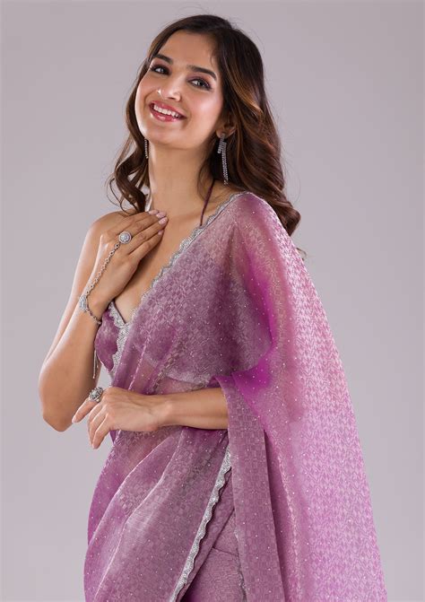 Buy Lavender Stonework Organza Saree Koskii
