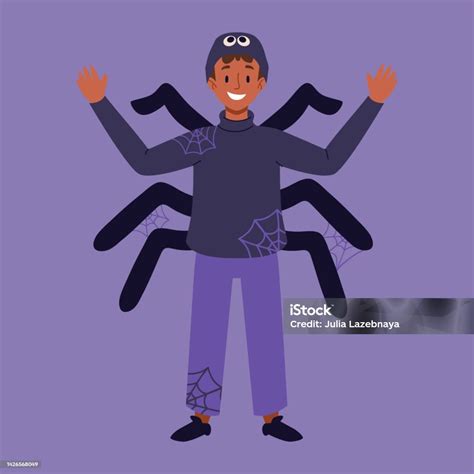 할로윈 파티 또는 트릭이나 치료를위한 무서운 거미 의상을 입은 행복한 아프리카 계 미국인 소년 축제 짜증나는 옷을 입은 재미있는 아이 플랫 벡터 일러스트 레이 션 클립 아트