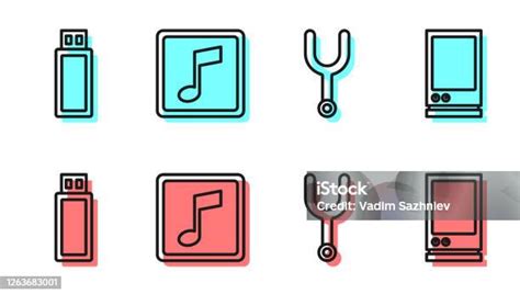 세트 라인 뮤지컬 튜닝 포크 Usb 플래시 드라이브 음악 노트 톤 및 음성 도우미 아이콘 벡터 Usb 케이블에 대한 스톡 벡터