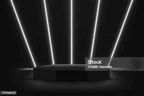 네온 불빛과 연단이 있는 빈 방 제품 광고 모형 3d 벡터 그림 0명에 대한 스톡 벡터 아트 및 기타 이미지 0명 3차원 형태 강단 Istock