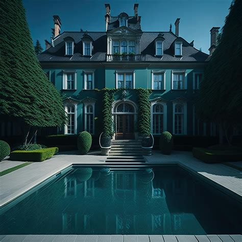 Mansão de luxo com design clássico com luz do dia e árvores ao fundo imagem Premium gerada com IA
