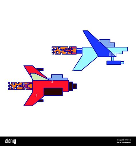 Videogame Pixelated Spaceship Flying Isolated Blue Lines Stock Vector