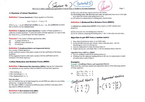 Solutions To Math Tutorial Notes Systems Of Linear Equations Solutions To Taterial