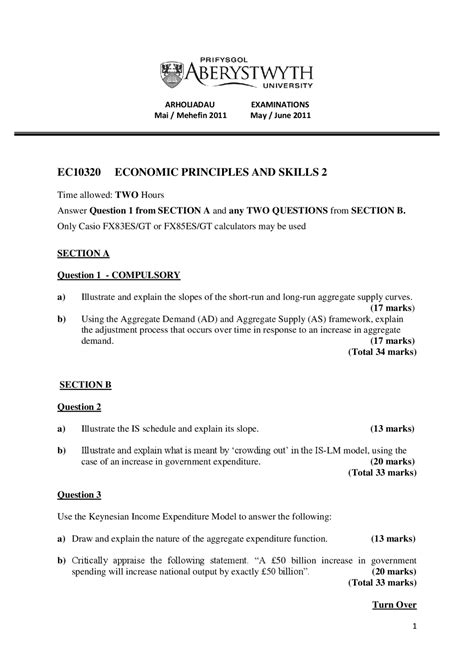 Aggregate Supply Economic Principles And Skills Past Exam Docsity