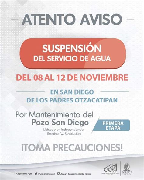 Organismo de Agua y Saneamiento anuncia suspensión de agua en colonia de Toluca