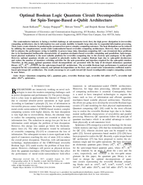 Pdf Optimal Boolean Logic Quantum Circuit Decomposition For Spin Torque Based Boldsymbol{n