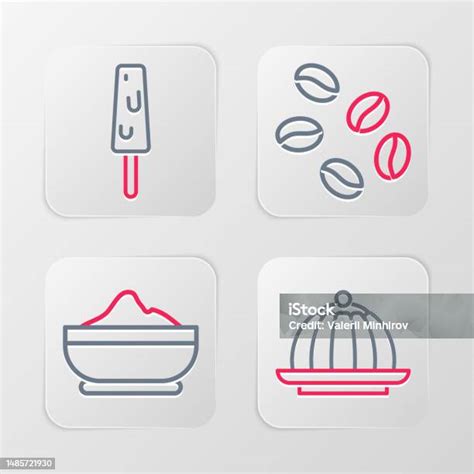 세트 라인 푸딩 커스터드 밀가루 그릇 커피 콩 및 아이스크림 아이콘 벡터 갈색에 대한 스톡 벡터 아트 및 기타 이미지 갈색